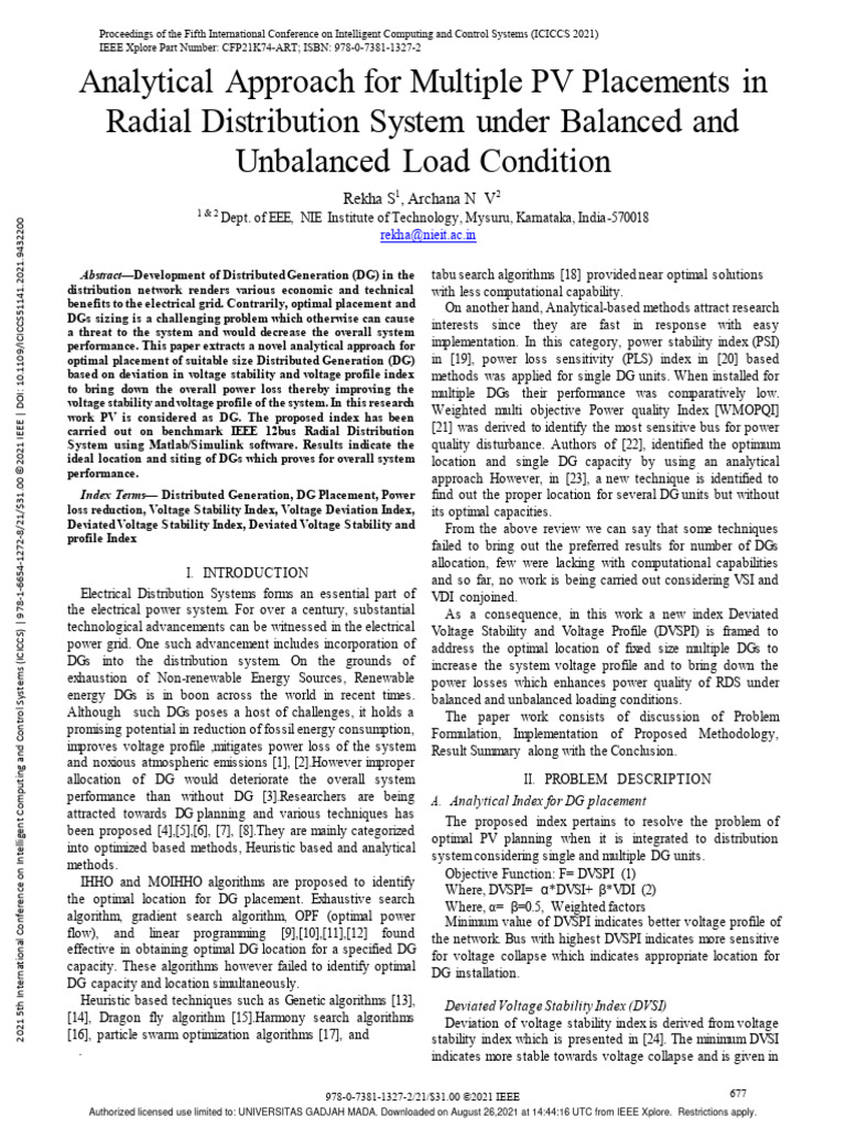 Analytical Approach For Multiple PV Placements in Radial Distribution System Under Balanced and ...