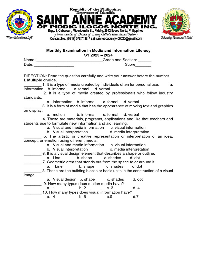 Second Prelimenary Examination MIL | PDF | Information | Shape