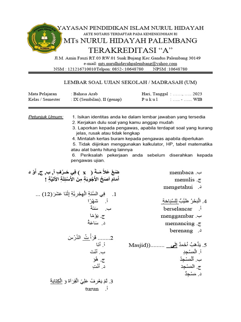 Soal Bahasa Arab KLS 9 Pak Saiful... | PDF