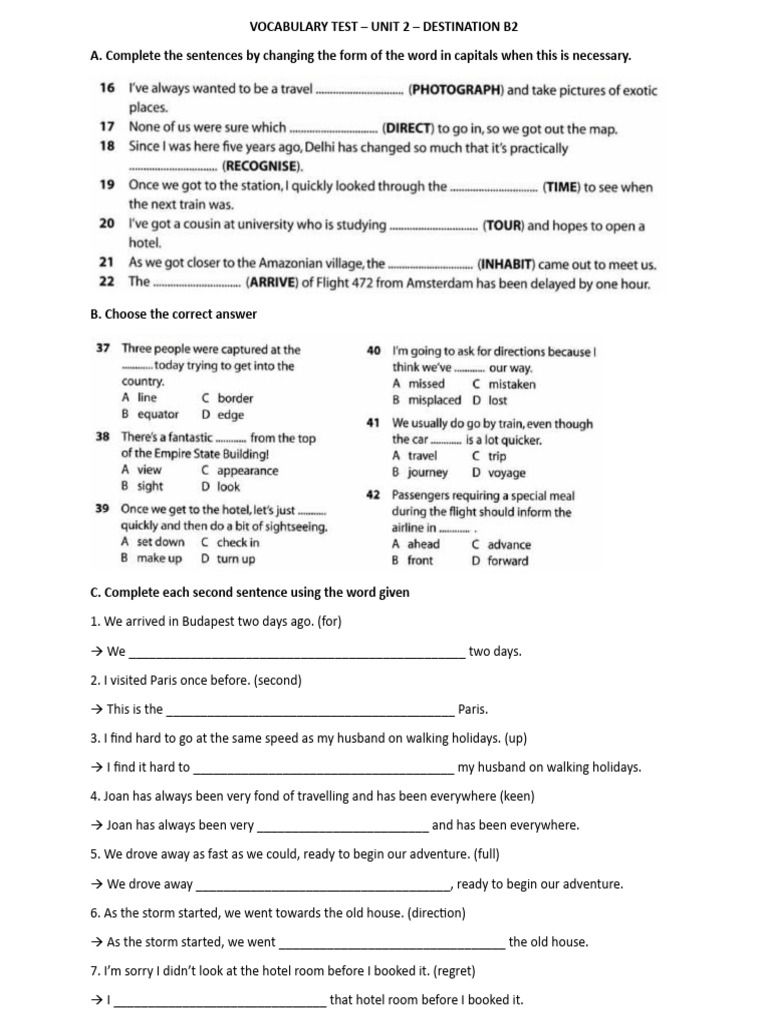 VOCABULARY TEST - Unit 2 - Destination b2 | PDF