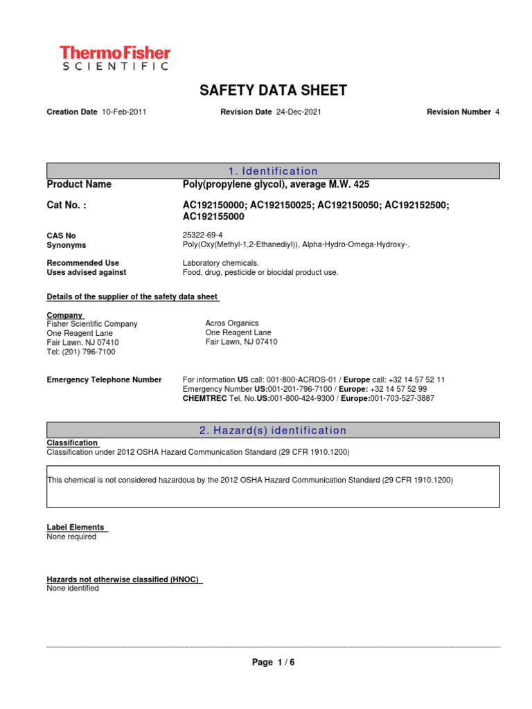 Polypropylene Glycol Safety Data | PDF | Personal Protective Equipment ...