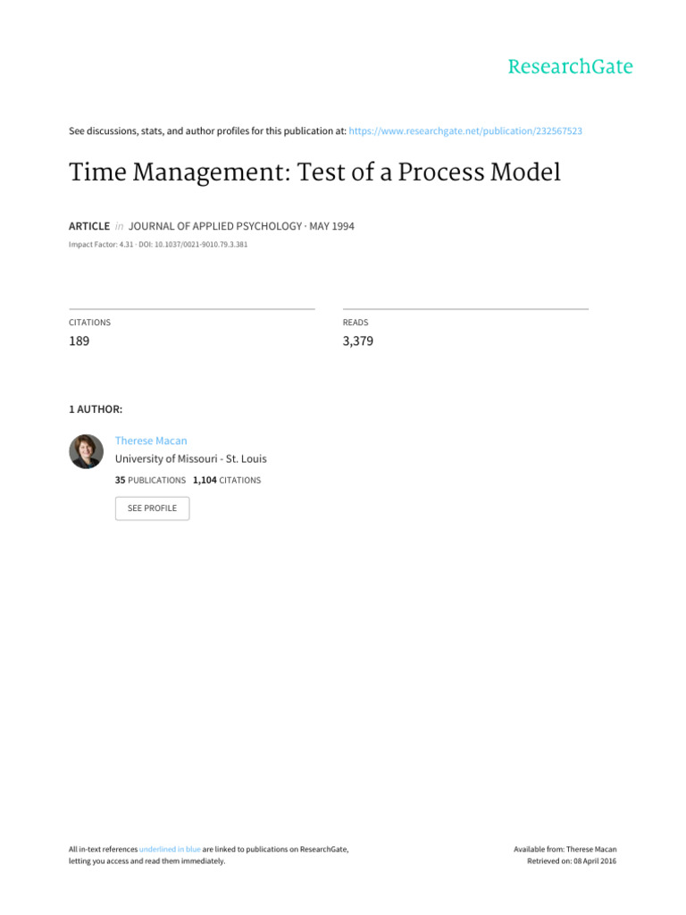 Time Management: Test of A Process Model: Journal of Applied Psychology ...