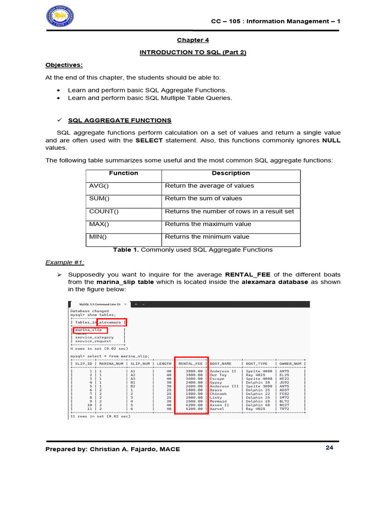 O Sql Sql Aggregate Functions And Multiple Table Queries Pdf Data Data Management