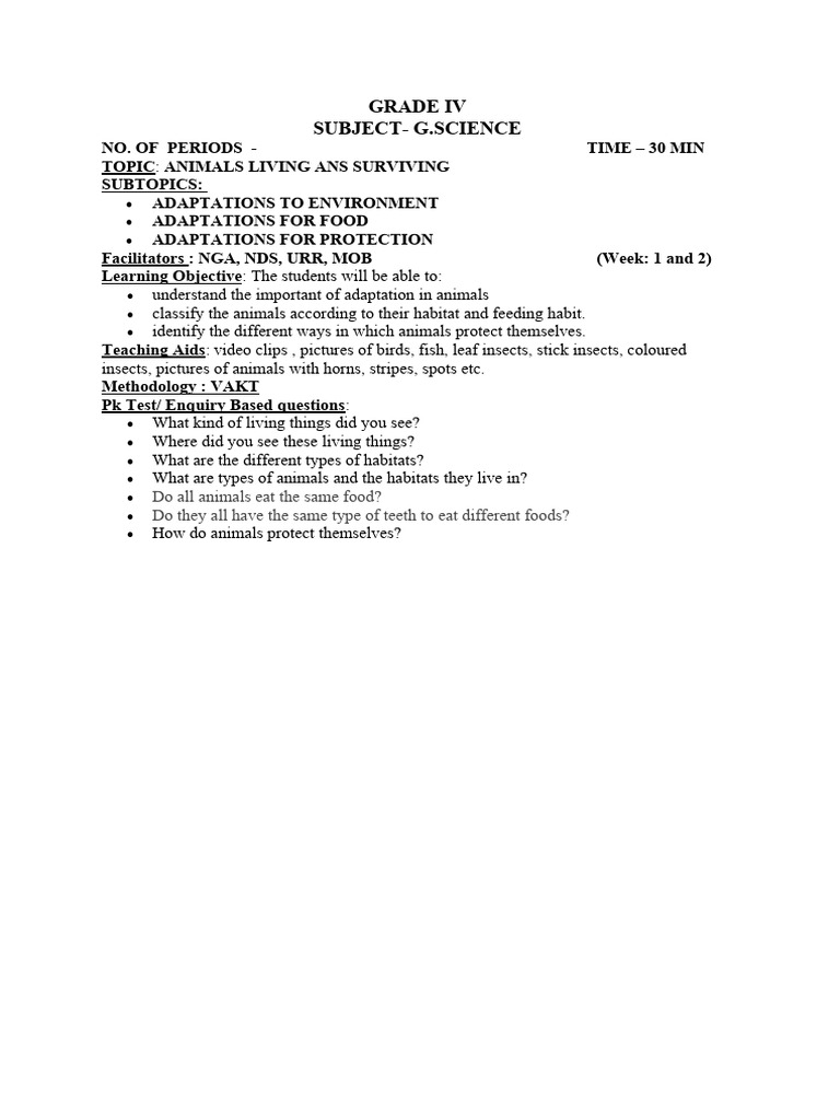 lesson plan class 4 animals living and surviving | PDF
