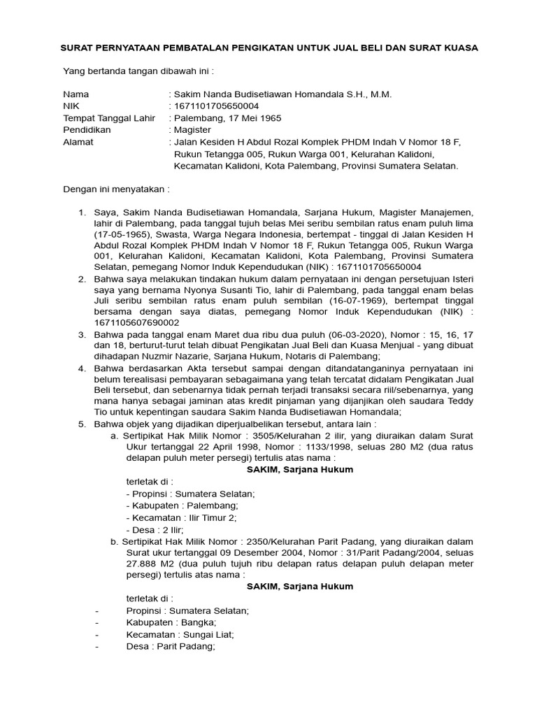 Surat Pernyataan Pembatalan | PDF
