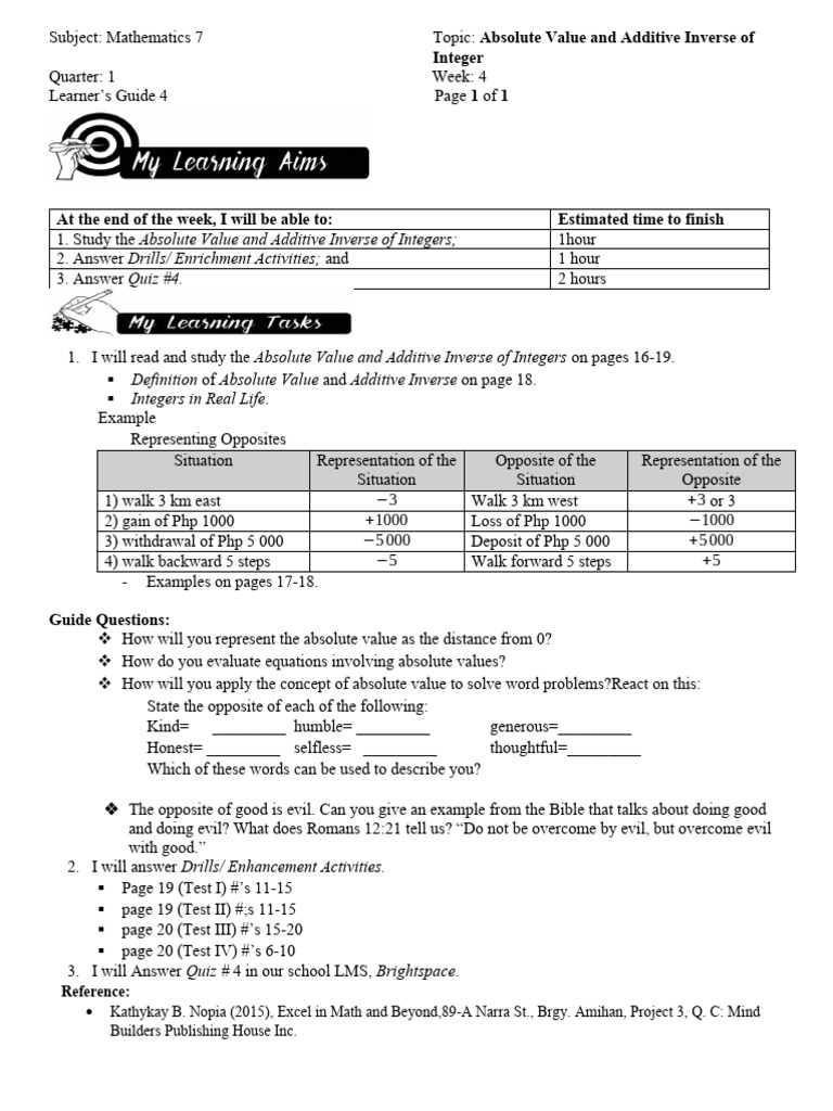 5absolute Value And Additive Inverse Download Free PDF Mathematics