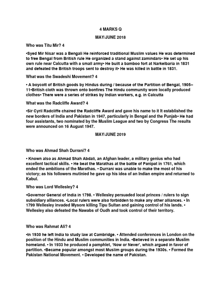 4 MARKS Q GRADE 9 | PDF | British Raj | All India Muslim League