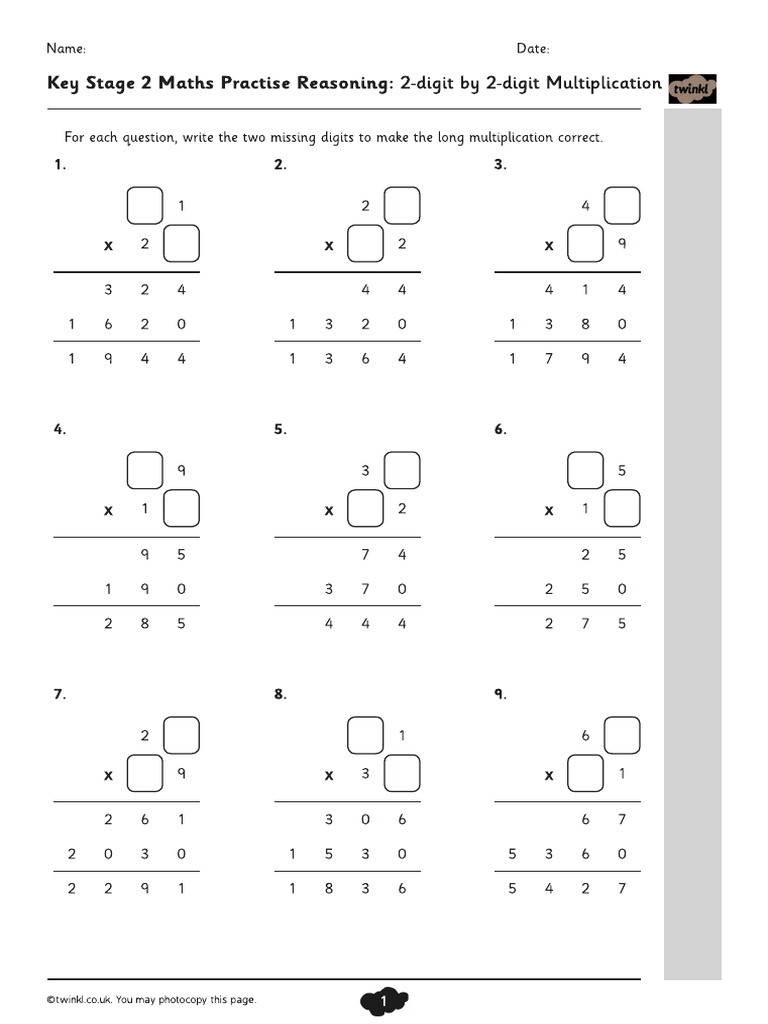 Missing Number Calculations 2 Digit by 2 Digit Multiplication | PDF