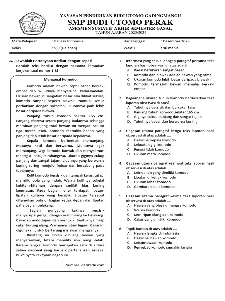 Asesmen Sumatif Bahasa Indonesia Kelas 8 (Sem Gasal) | PDF