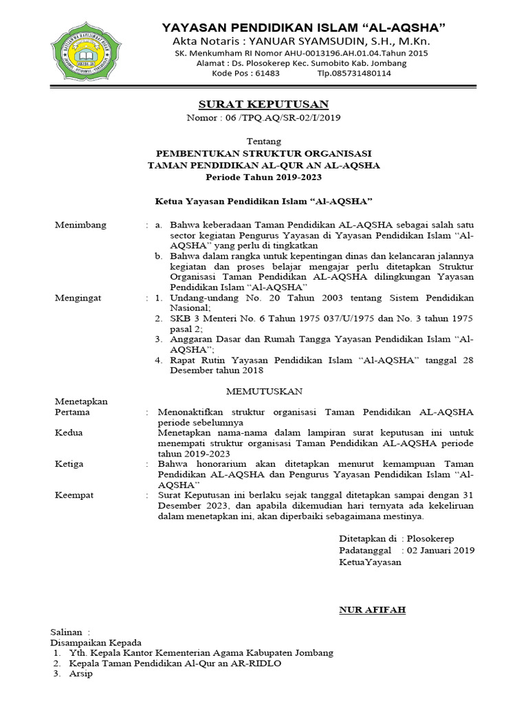 Surat Keputusan Struktur TPQ 2020 | PDF