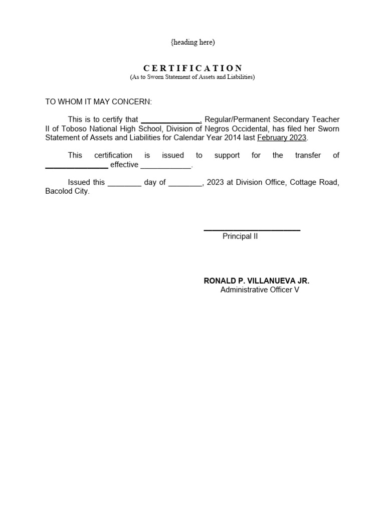 Certification Sworn Statement of Assets and Liabilities | PDF