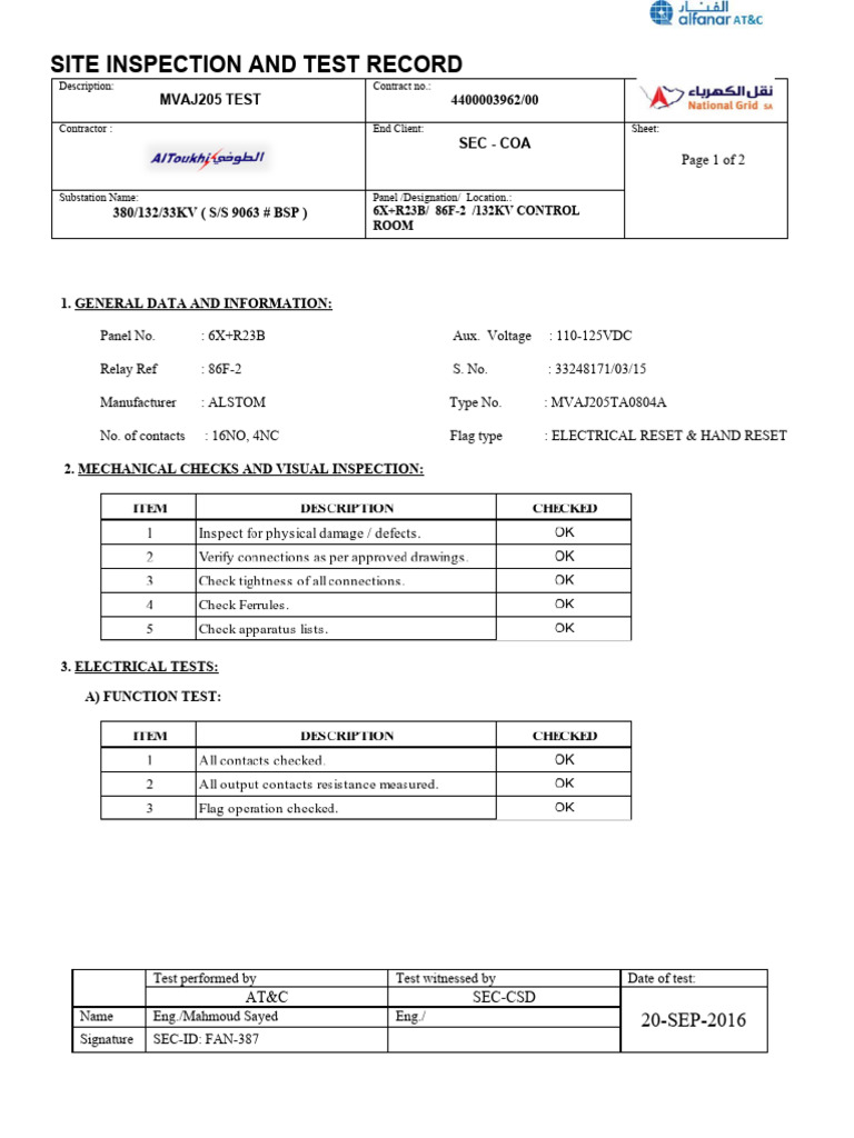 Site Inspection and Test Record: Mvaj205 Test 4400003962/00 Sec - Coa ...