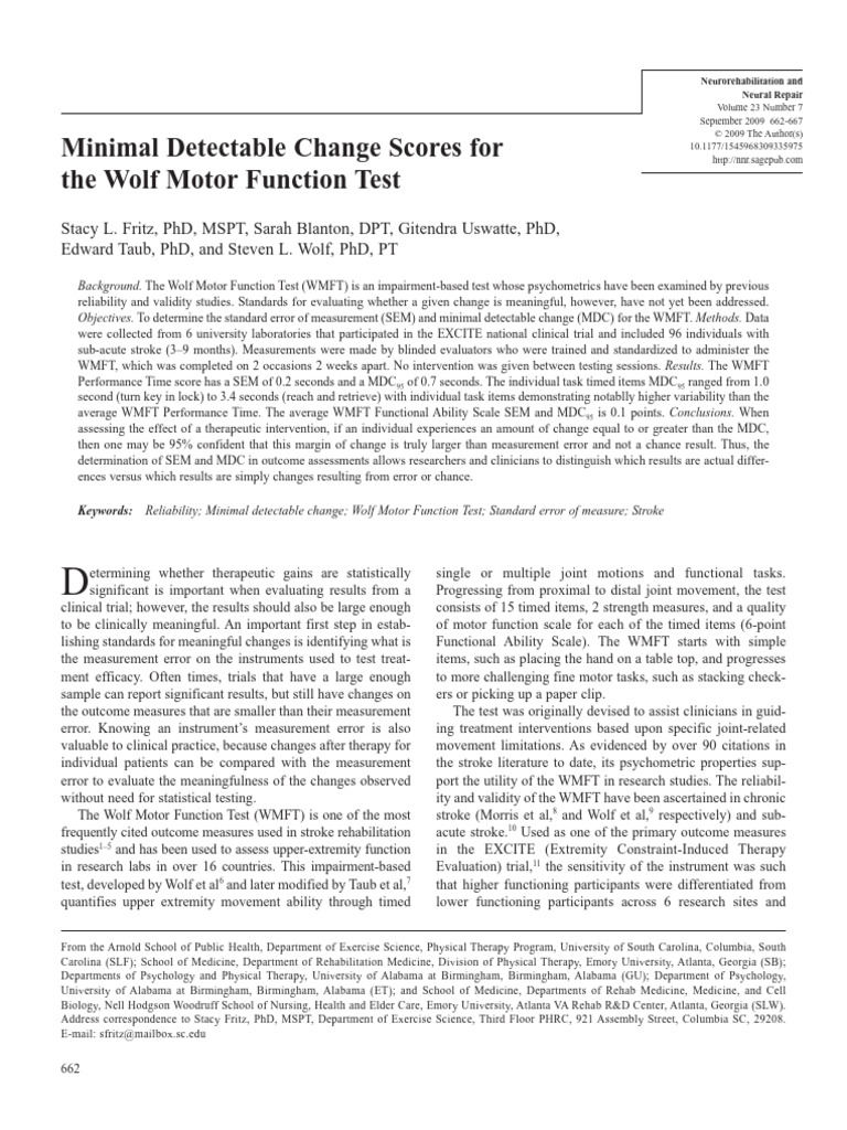 Fritz Et Al 2009 Minimal Detectable Change Scores For The Wolf Motor ...