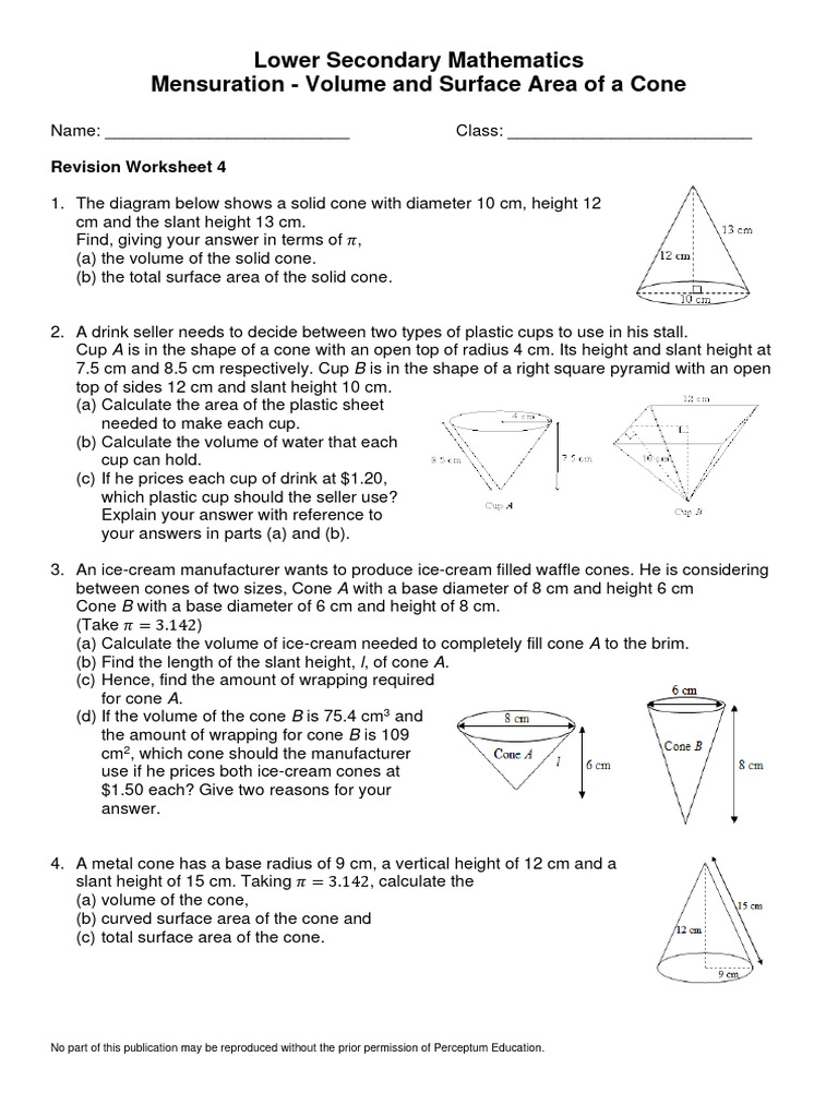 Mensuration - Volume and Surface Area of A Cone 4 | PDF | Area | Sphere
