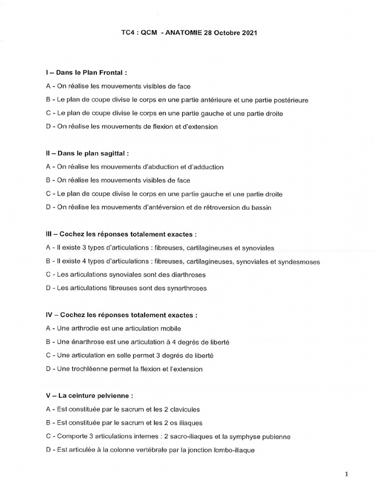 QCM Anatomie | PDF