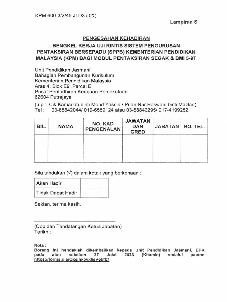 Surat Peserta Bengkel Kerja SPPB SEGAK & BMI 5-9T PDF | PDF