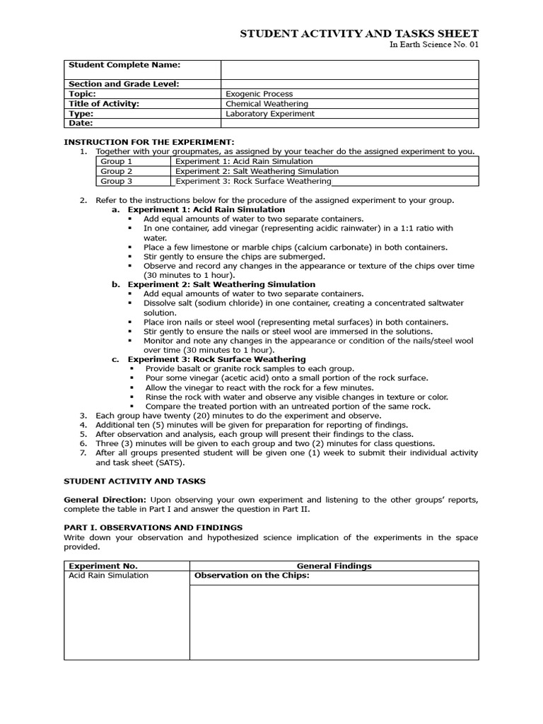 Student Activity Sheet | Download Free PDF | Weathering | Experiment