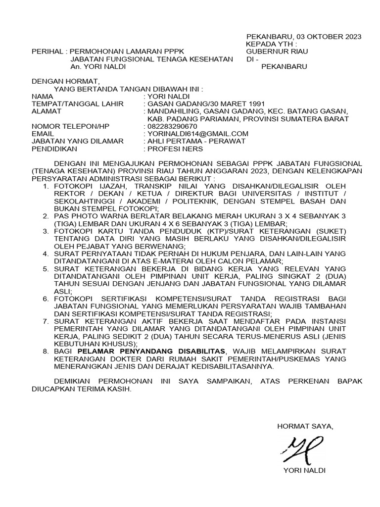 Lampiran 4. Surat Lamaran PPPK | PDF