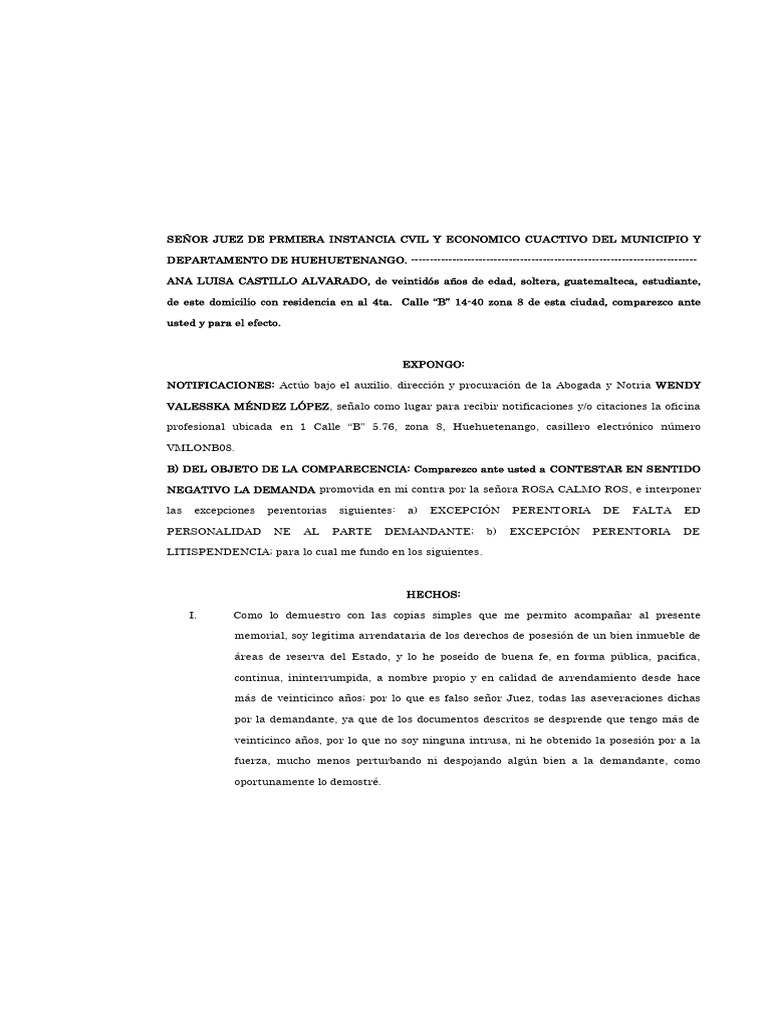 Memoriales de Excepciones Perentorias | PDF | Demanda judicial | Ley ...