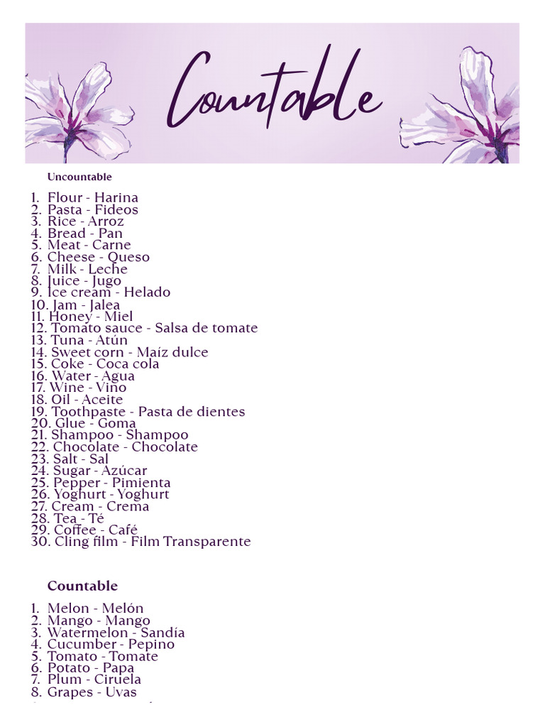 Countable and Uncountable Foods List | PDF