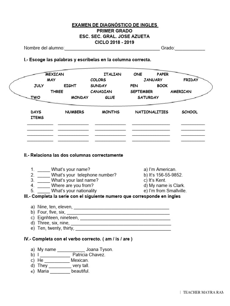EXAMEN DE DIAGNÓSTICO DE INGLES | PDF
