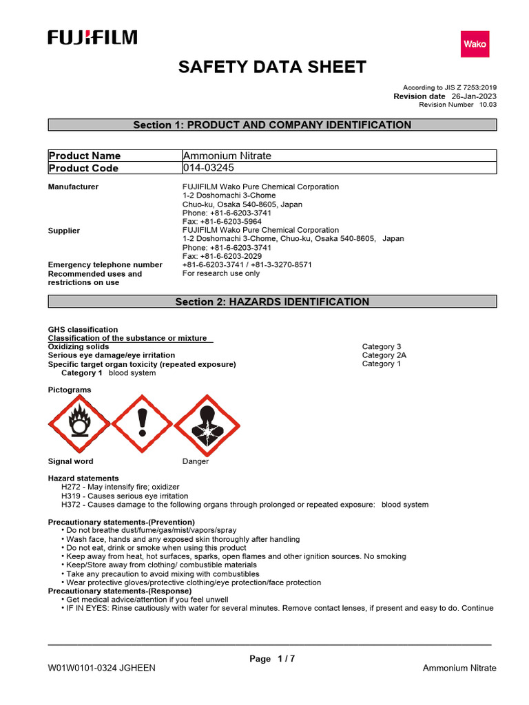 MSDS NH4NO3 | PDF | Dangerous Goods | Toxicity