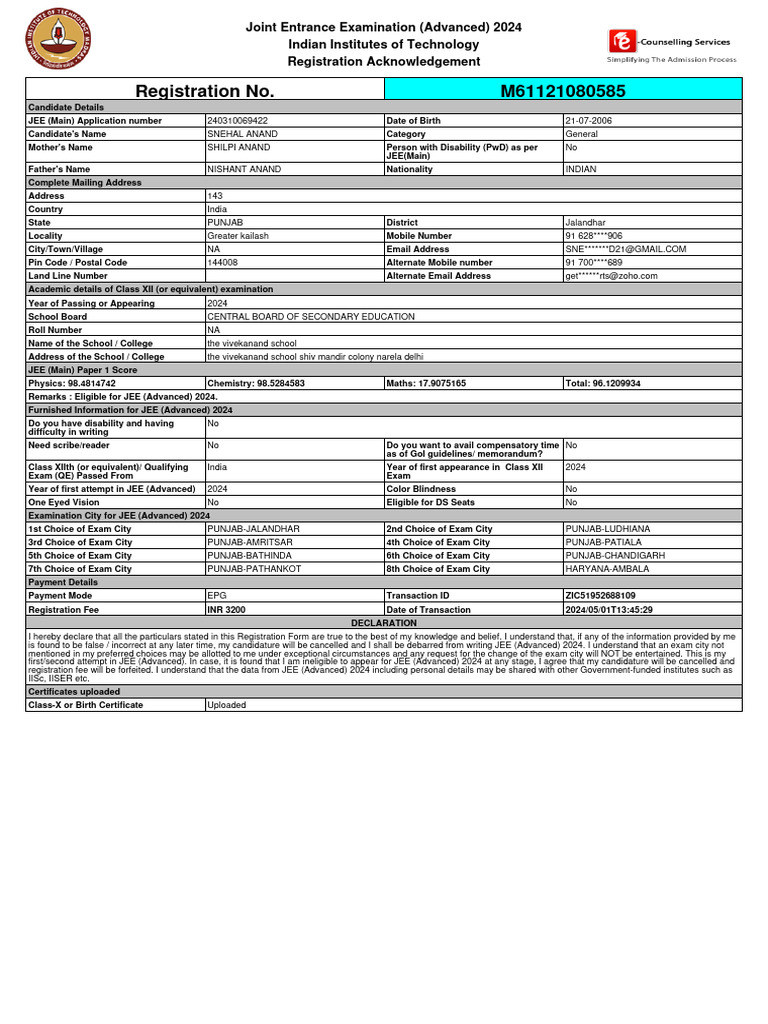 JEE Advanced 2024 Registration Confirmation | PDF | Vocational Education | Schools