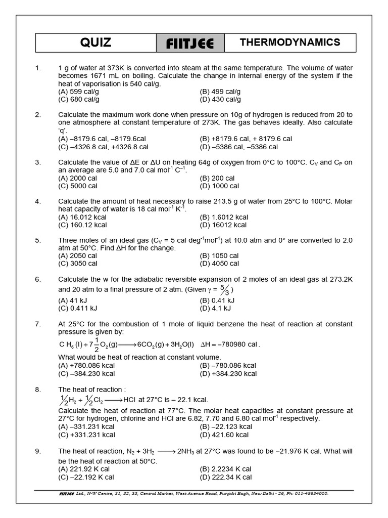 Thermodynamics Quiz Questions and Answers | PDF | Calorie | Chemistry