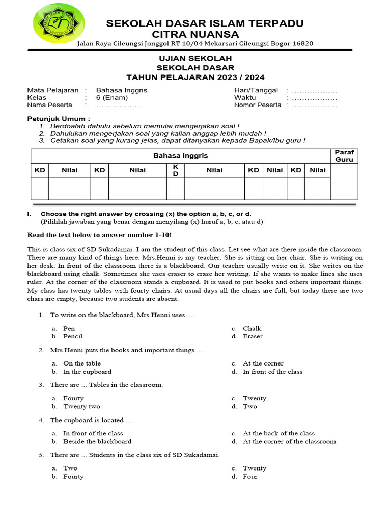 SOAL US KELAS 6 2024 | PDF | Wet Season | Rain