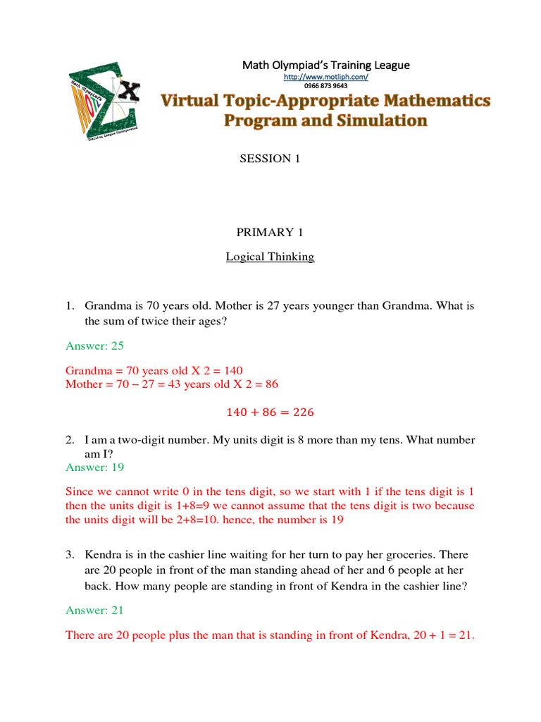 VTAMPS Session 1 - Primary 1 | PDF | Mathematics | Arithmetic