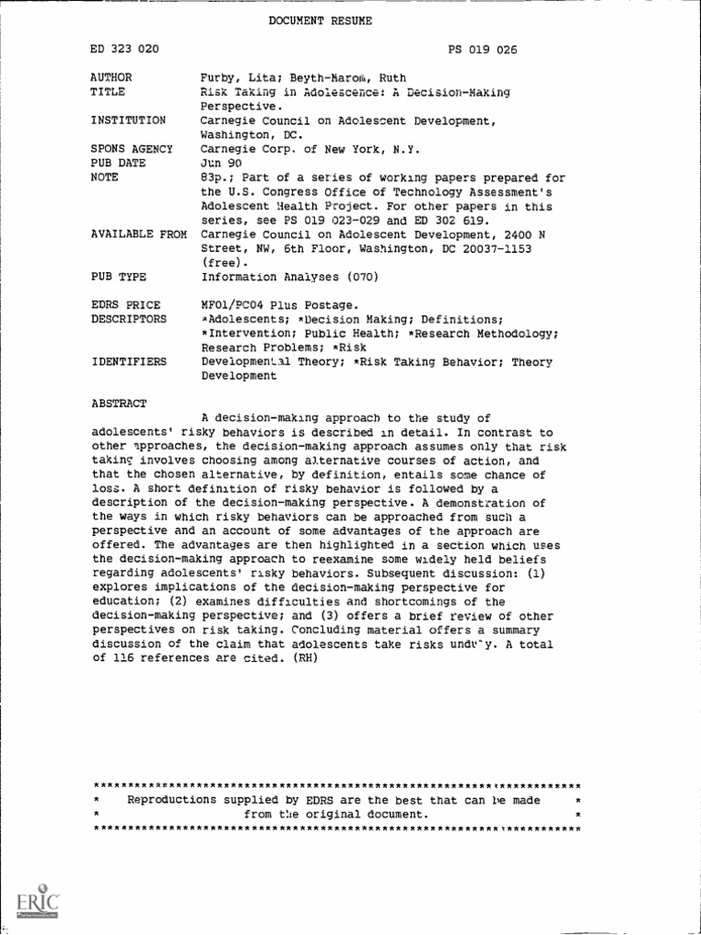 G4-Risk Taking in Adolescence A Decision-Making - 1992 | PDF | Decision ...