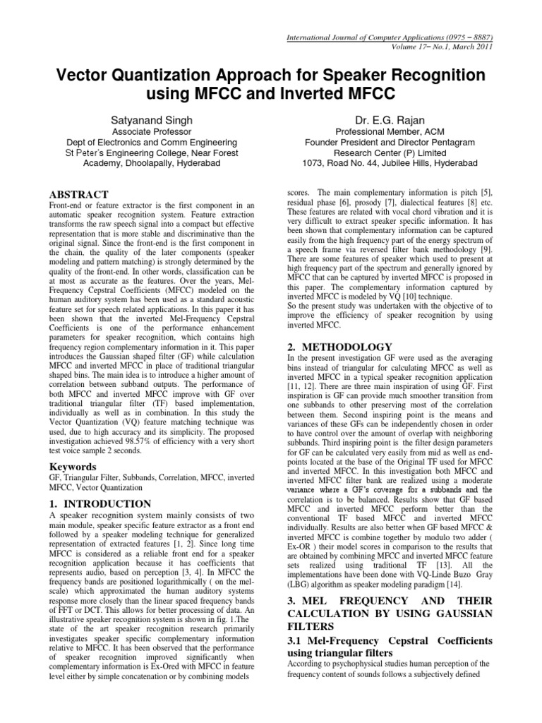 Vector Quantization Approach For Speaker Recognition Using Mfcc And Inverted Mfcc Pdf