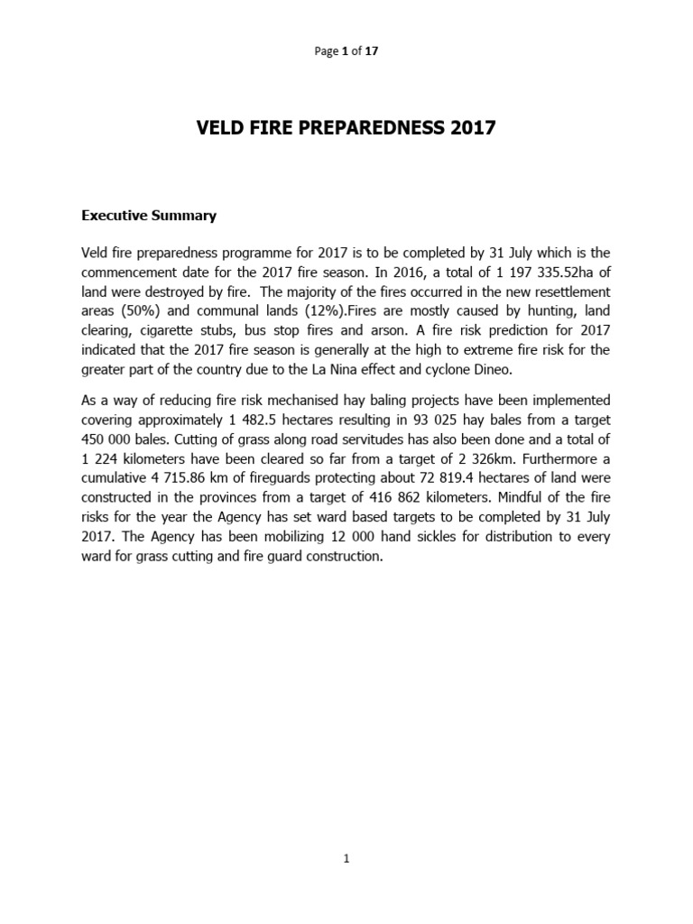 Veld Fire Preparedness Plan 2017 Matiza | PDF | Fires | Risk