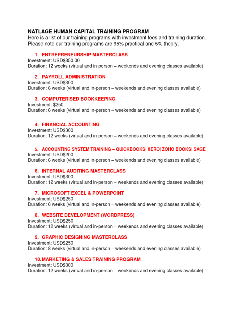 NATLAGE TRAINING PROGRAMS | PDF | Investing | Accounting
