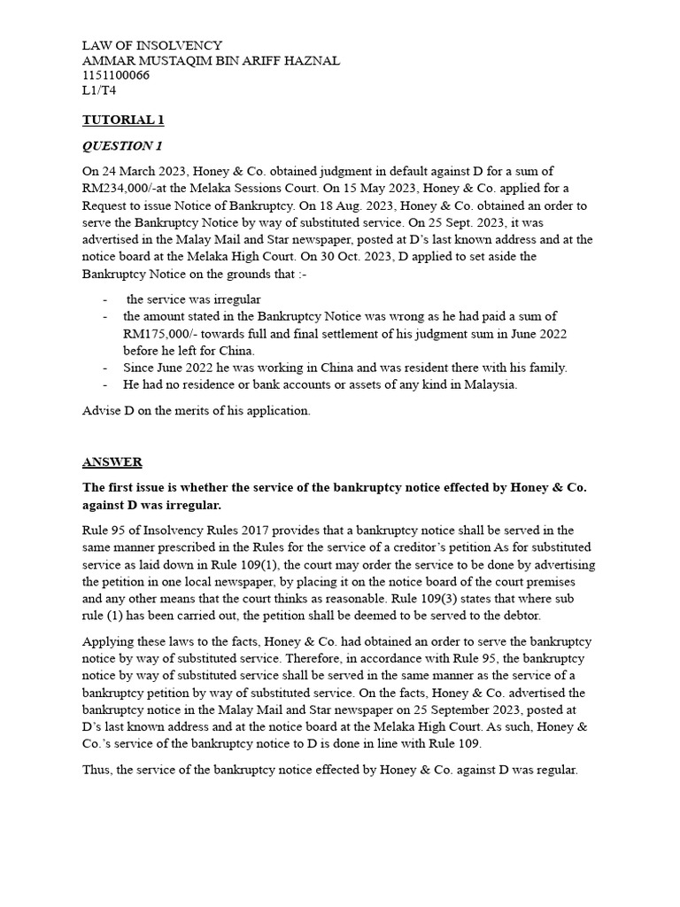 Tutorial 1 Law of Insolvency | PDF | Bankruptcy | Creditor
