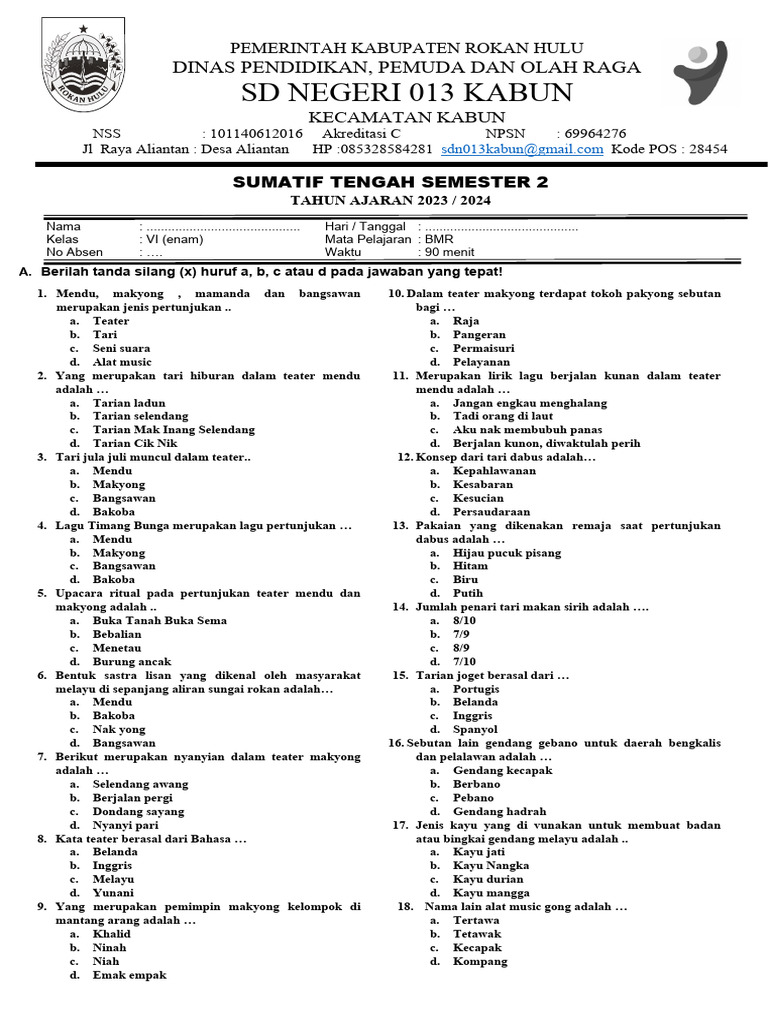 Soal Sts Kelas 6 BMR | PDF