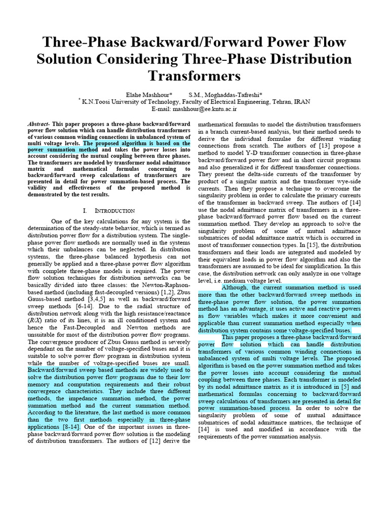 Three-Phase Backward/Forward Power Flow Solution Considering Three-Phase Distribution ...