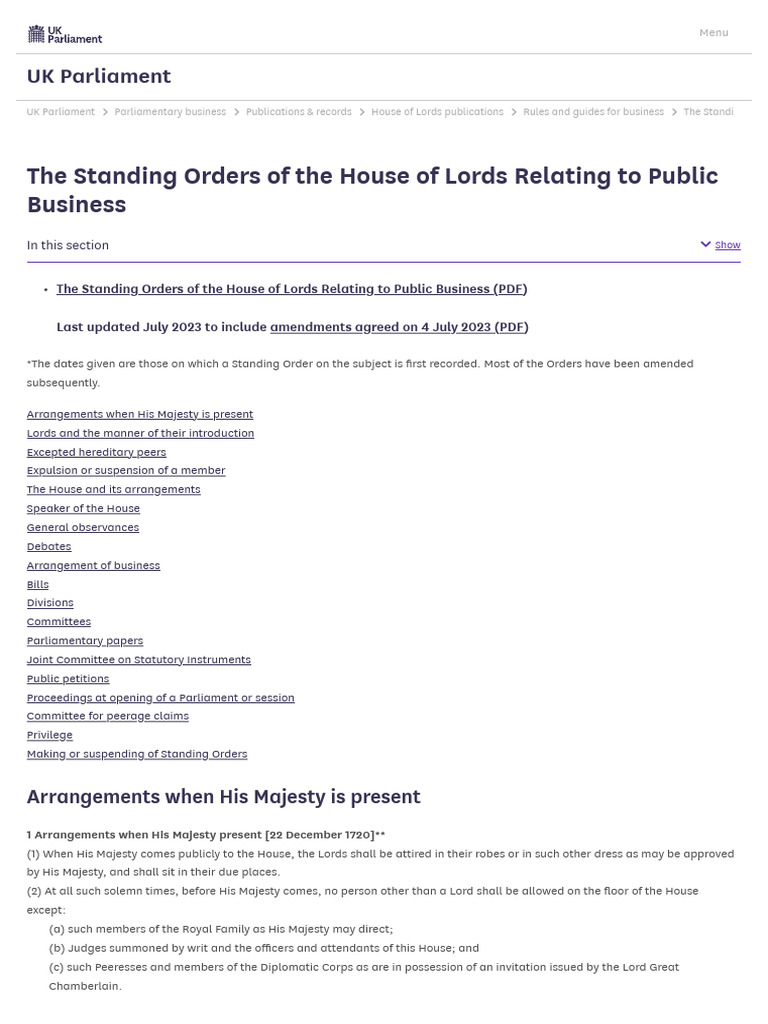 House of Lords Standing Orders Overview | PDF | House Of Lords | United ...