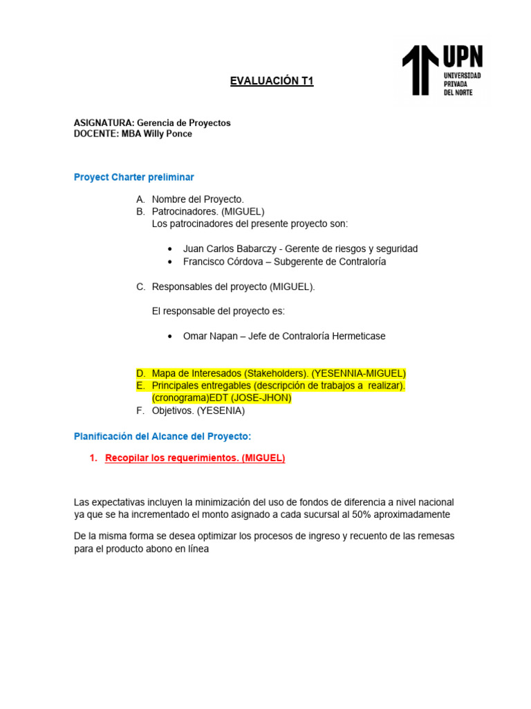 Estructura T1 Gerencia de Proyectos - UPN (2) - Avance | PDF | Software | Presupuesto