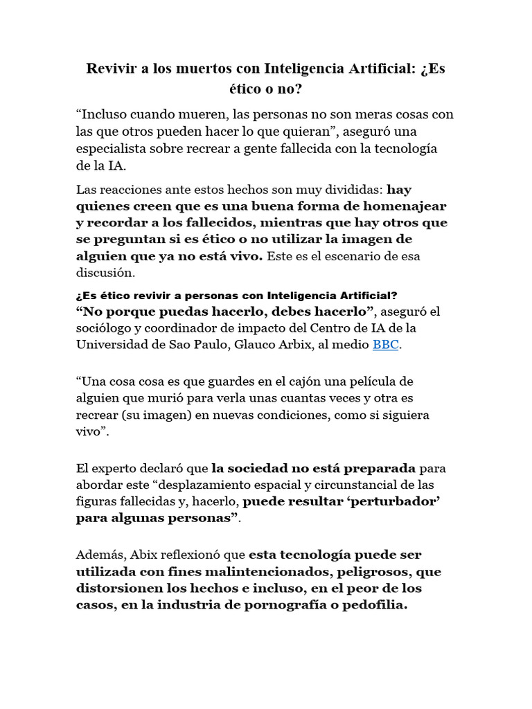 Revivir A Los Muertos Con Inteligencia Artificial Es Ético o No | PDF ...