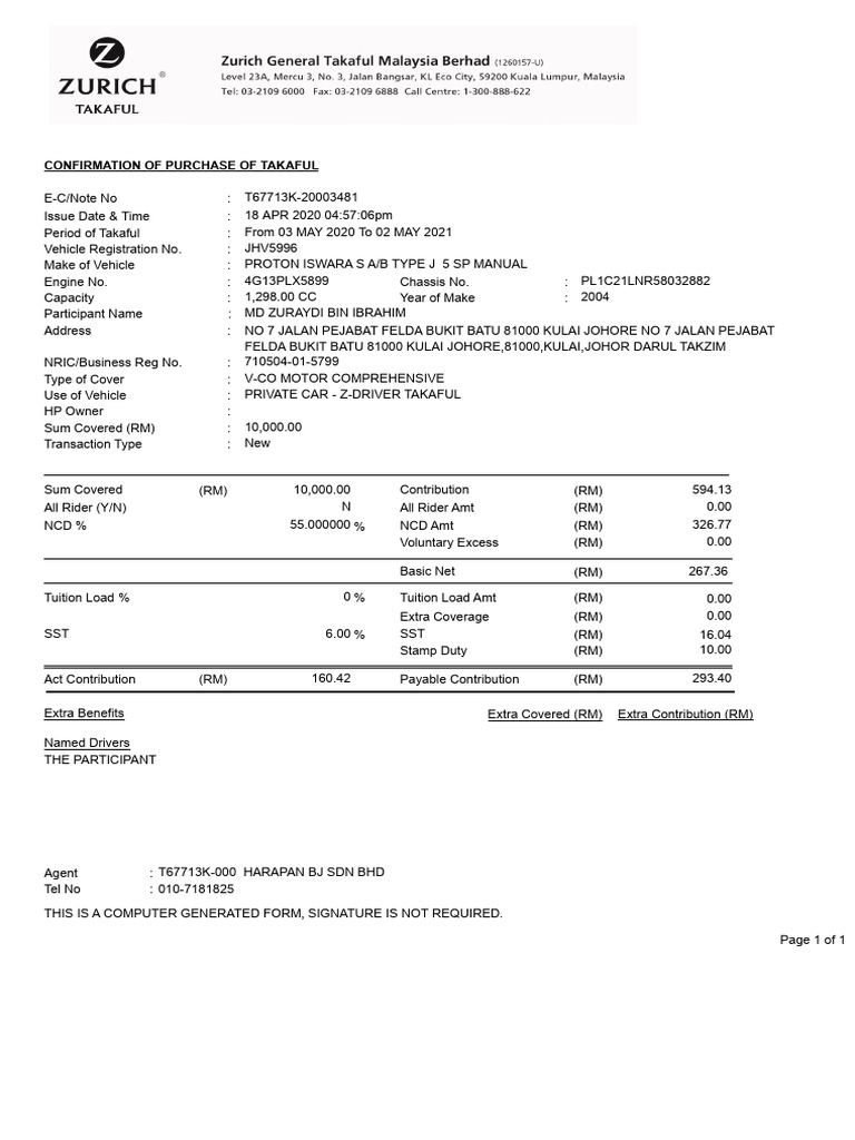 Cover Note Cb452ca | PDF | Cheque | Vehicles