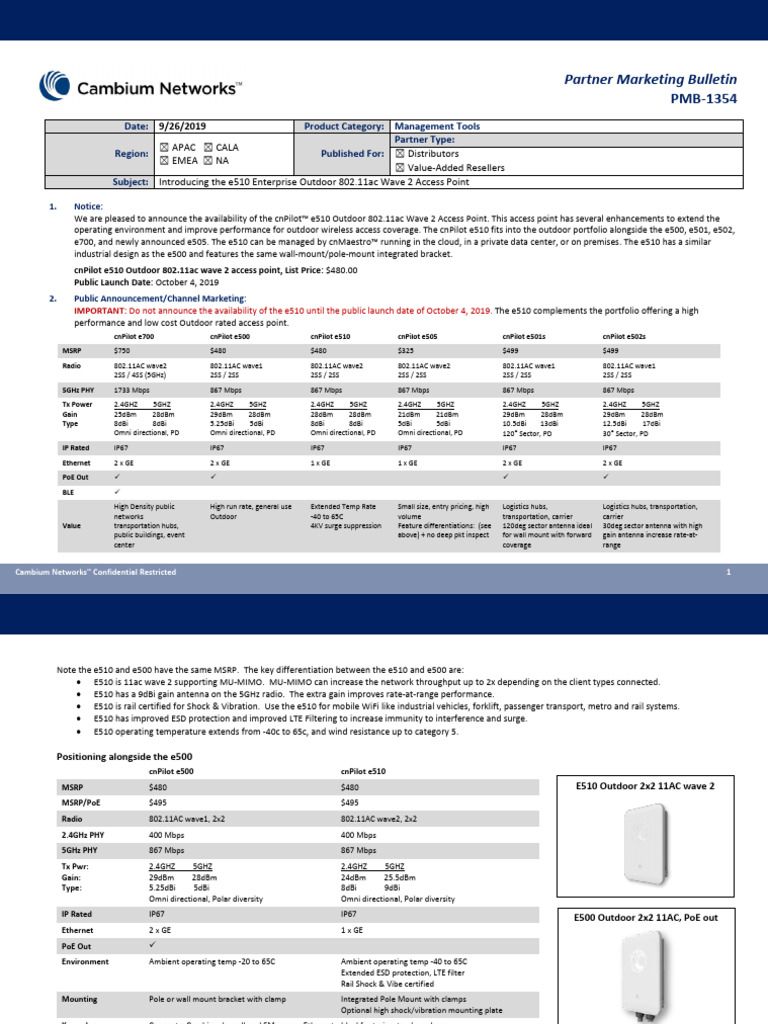 PMB-1354 Introducing E510 Enterprise Outdoo | PDF | Telecommunications | Wireless