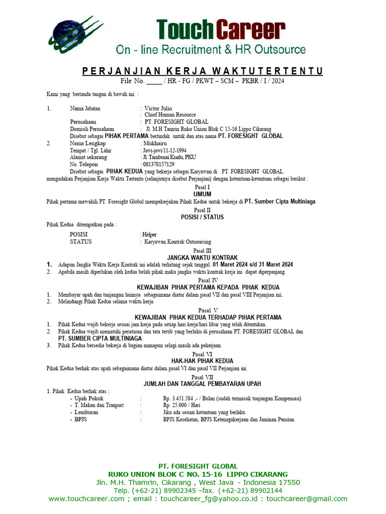 Pkwt-Pekanbaru 01 | PDF