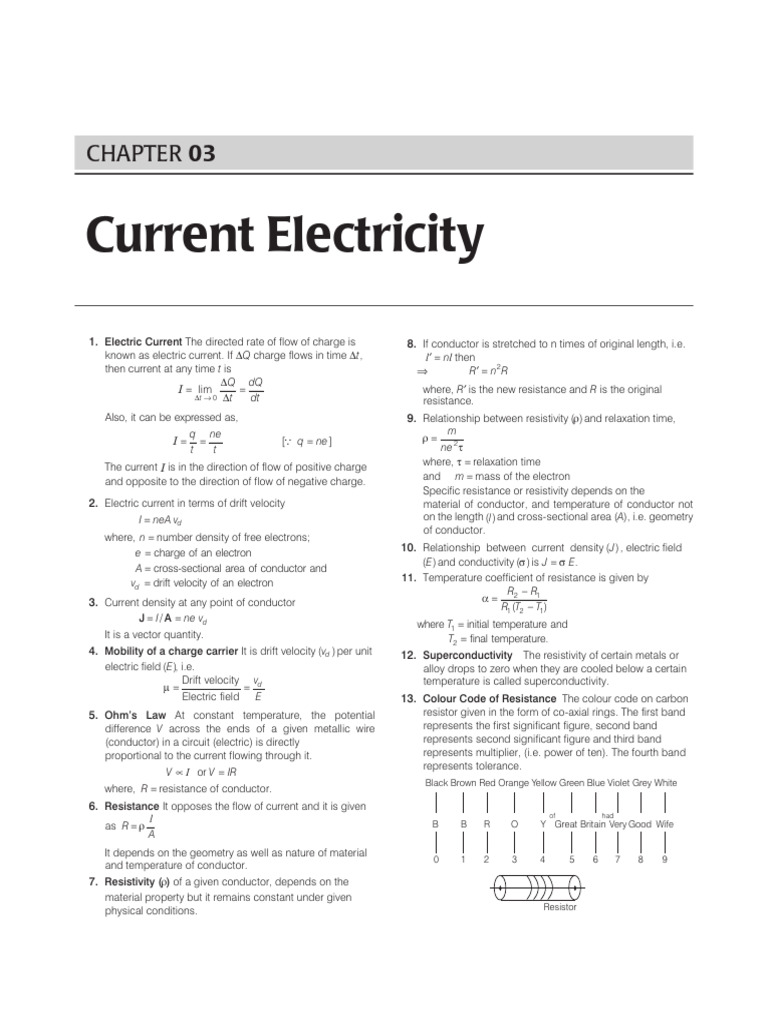 Current Electricity Class 12 Short Notes | PDF | Electrical Resistivity ...