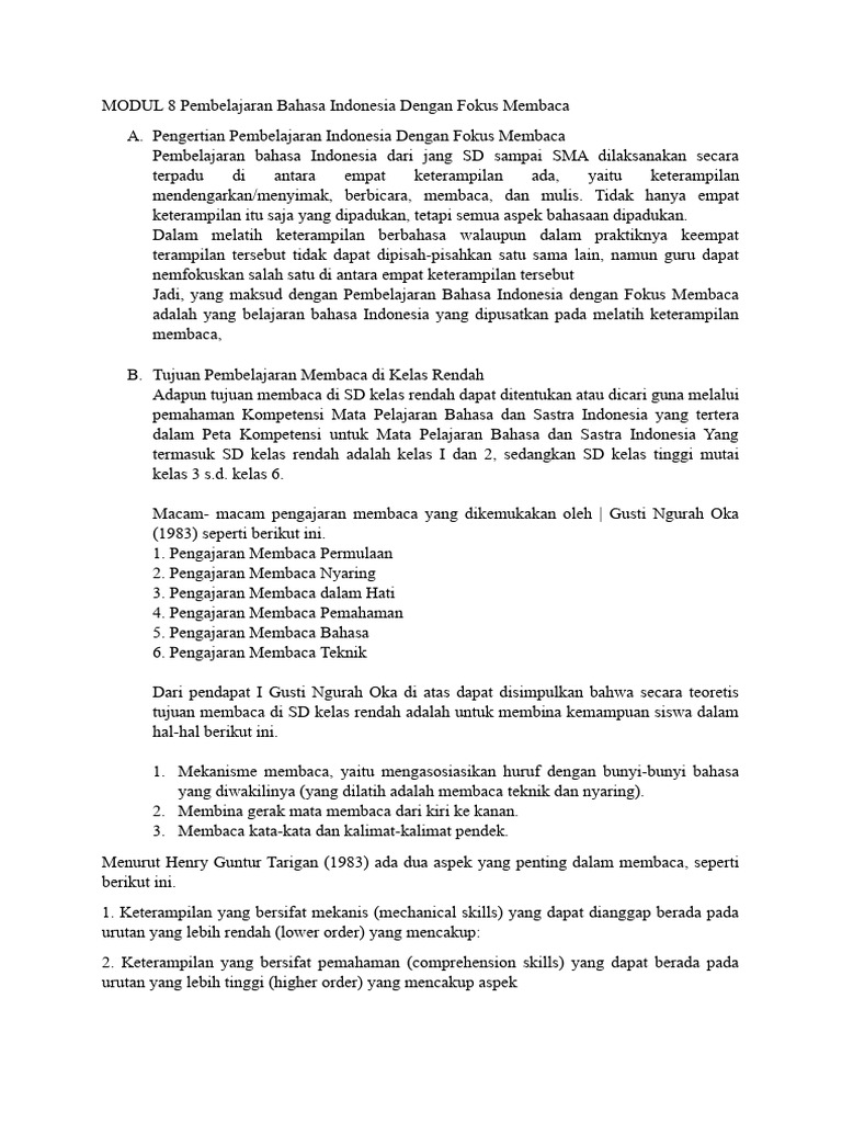 MODUL 8 Pembelajaran Bahasa Indonesia Dengan Fokus Membaca | PDF