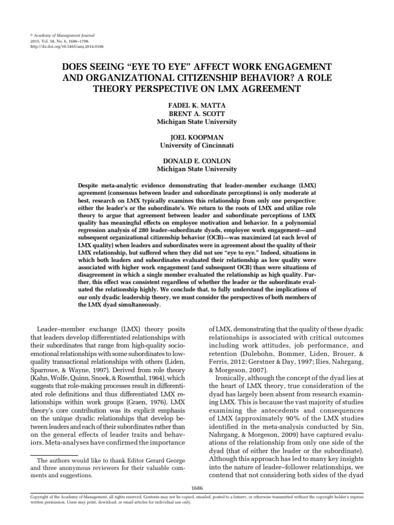 "Eye To Eye" Affect Work Engagement and Ocb (A Role Theory Perspective On LMX Agreement) | PDF ...