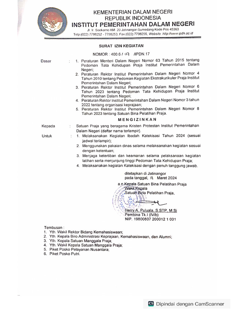 Surat Izin Kegiatan Katekisasi Gpi Pouk Ipdn 2024 | PDF