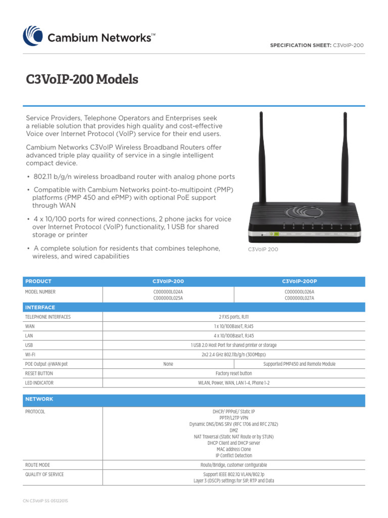 Spec C3VoIP200 May2015202 | PDF | Computer Network | Wireless Lan