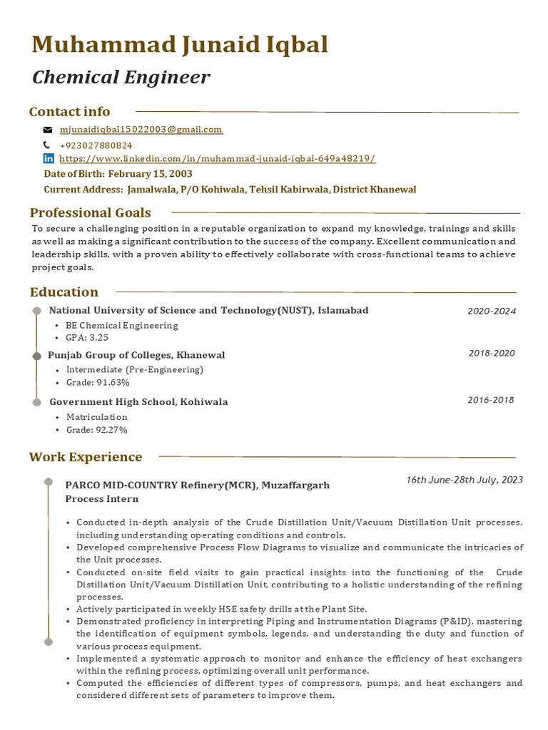 Junaid Resume 1 | PDF | Oil Refinery | Engineering