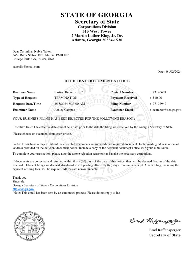 Deficient Document Notice | PDF